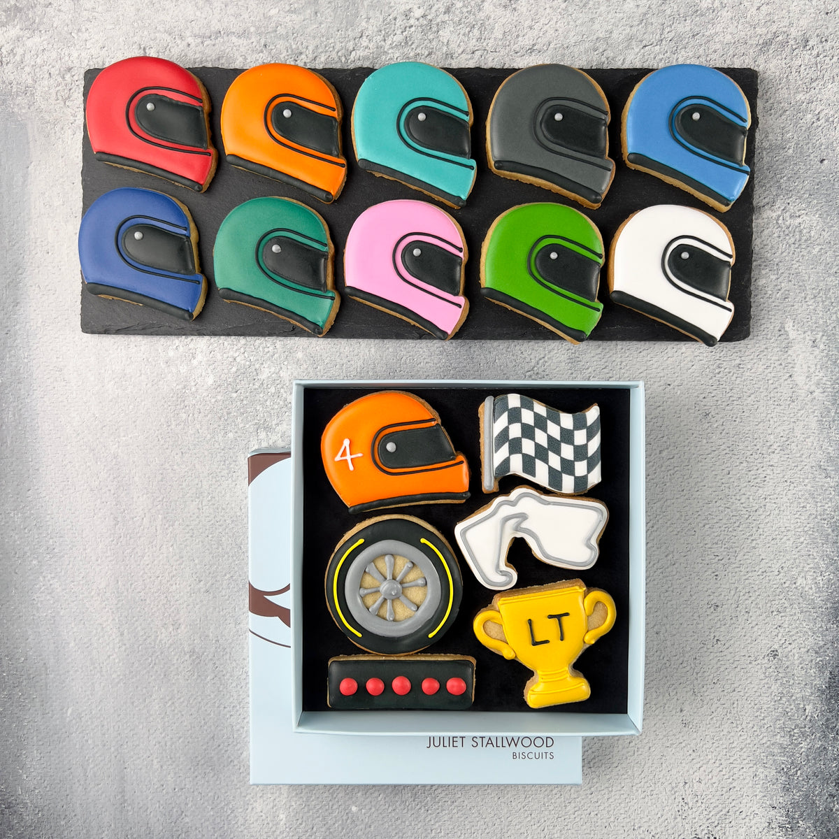 Motor Racing Biscuit Box – Juliet Stallwood Cakes & Biscuits